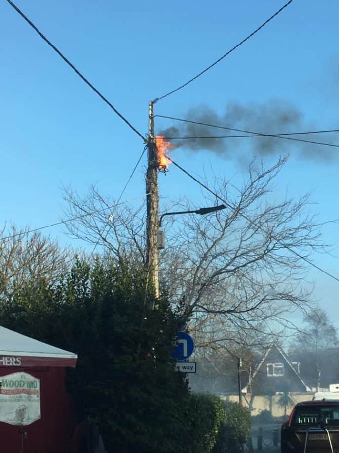 Telegraph pole fire closes road and leads to evacuation